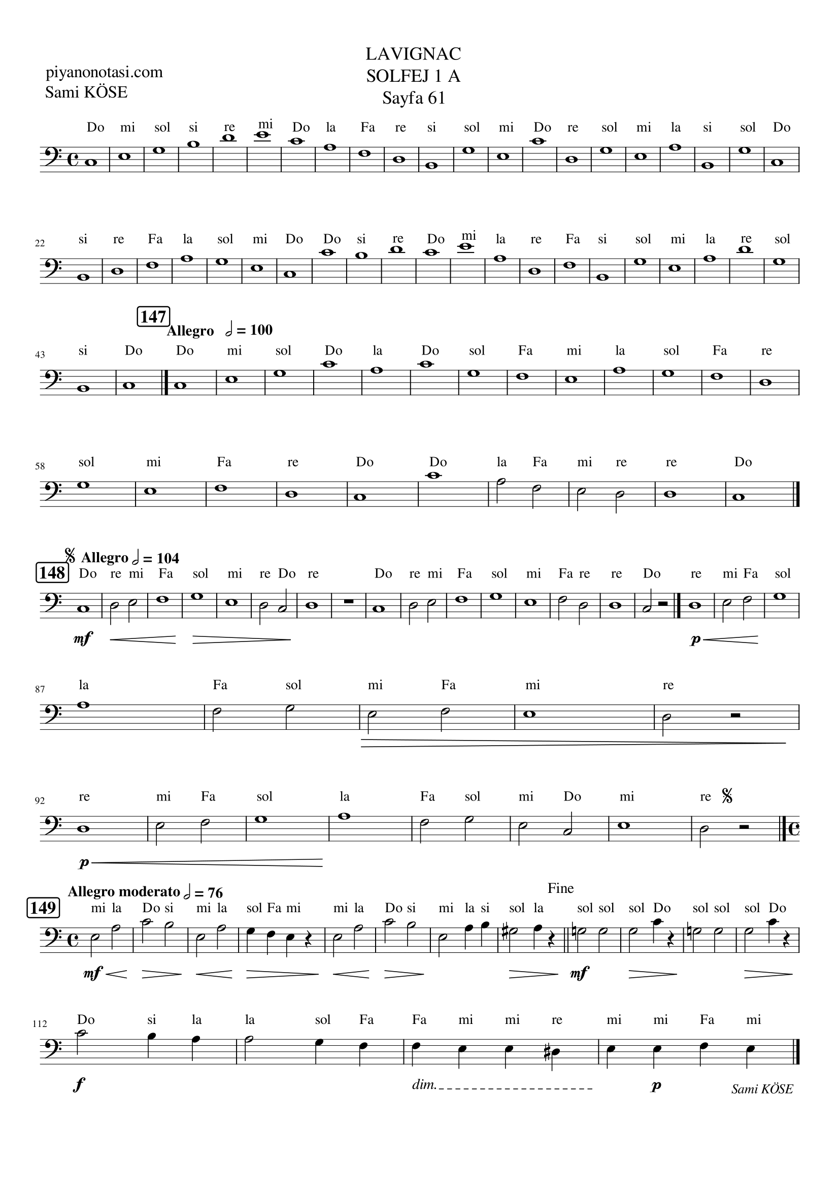 LAVIGNAC SOLFEJ 1-A SAYFA 61-Piyano Notaları | piyanonotasi.com